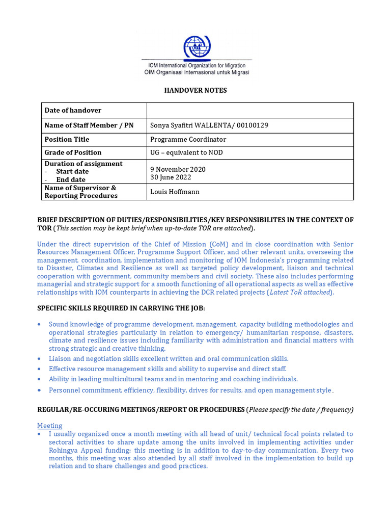 Standard Handover Notes - Sonya | PDF | International Organization For ...