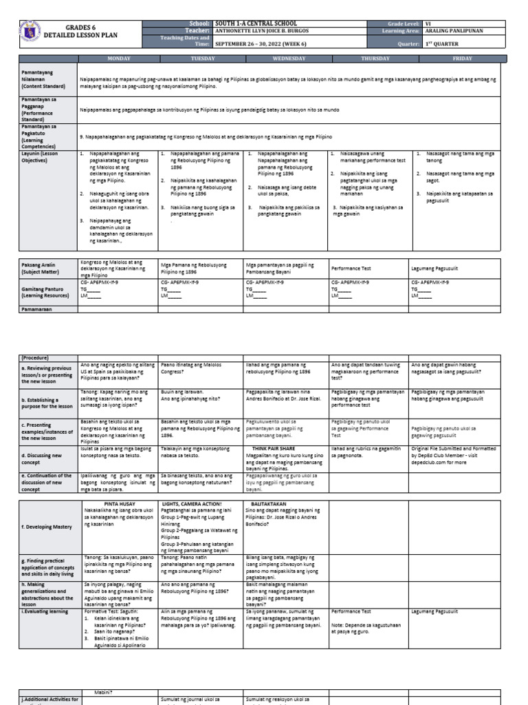 DLP - Araling Panlipunan 6 - Q1 - W6 | PDF
