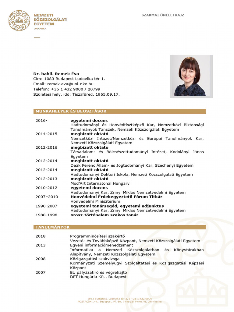 Dr. Habil. Remek Éva Szakmai Önéletrajz Nemzetközi Biztonsági Tanulmányok Tanszék | PDF