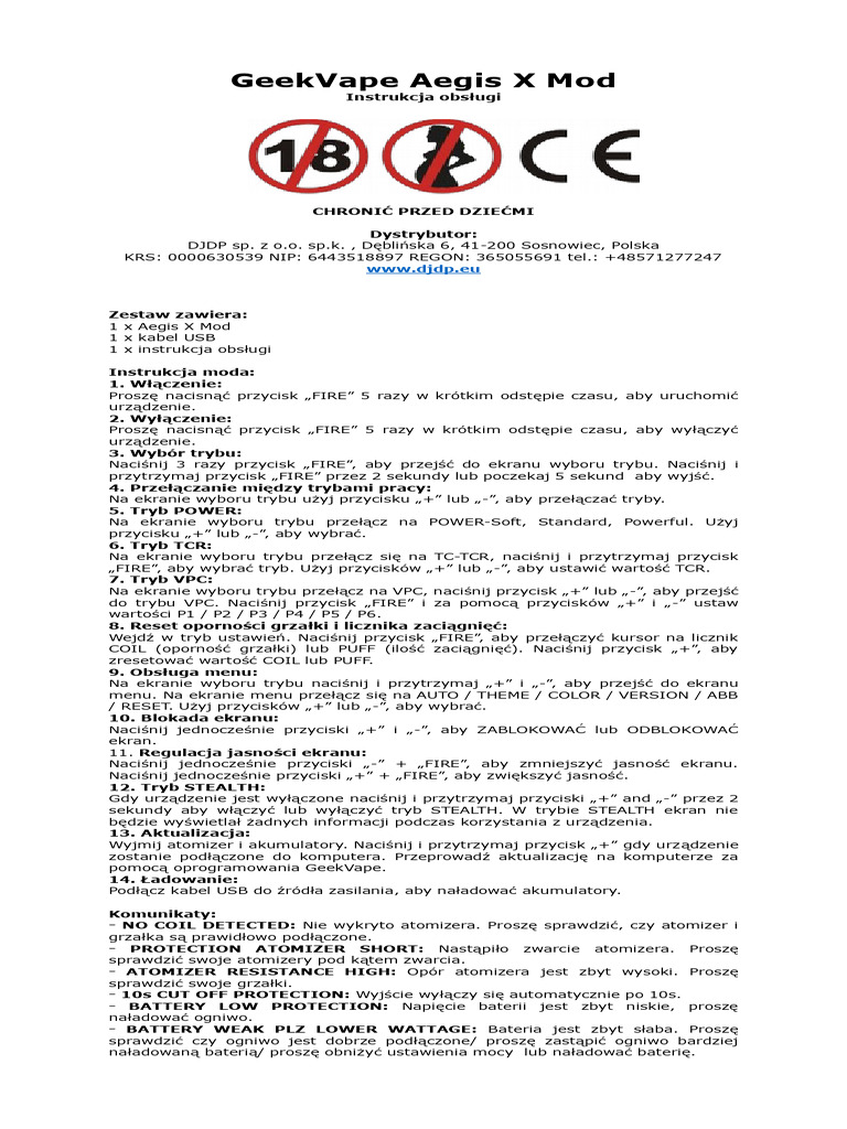 GeekVape Aegis X MOD Instrukcja | PDF