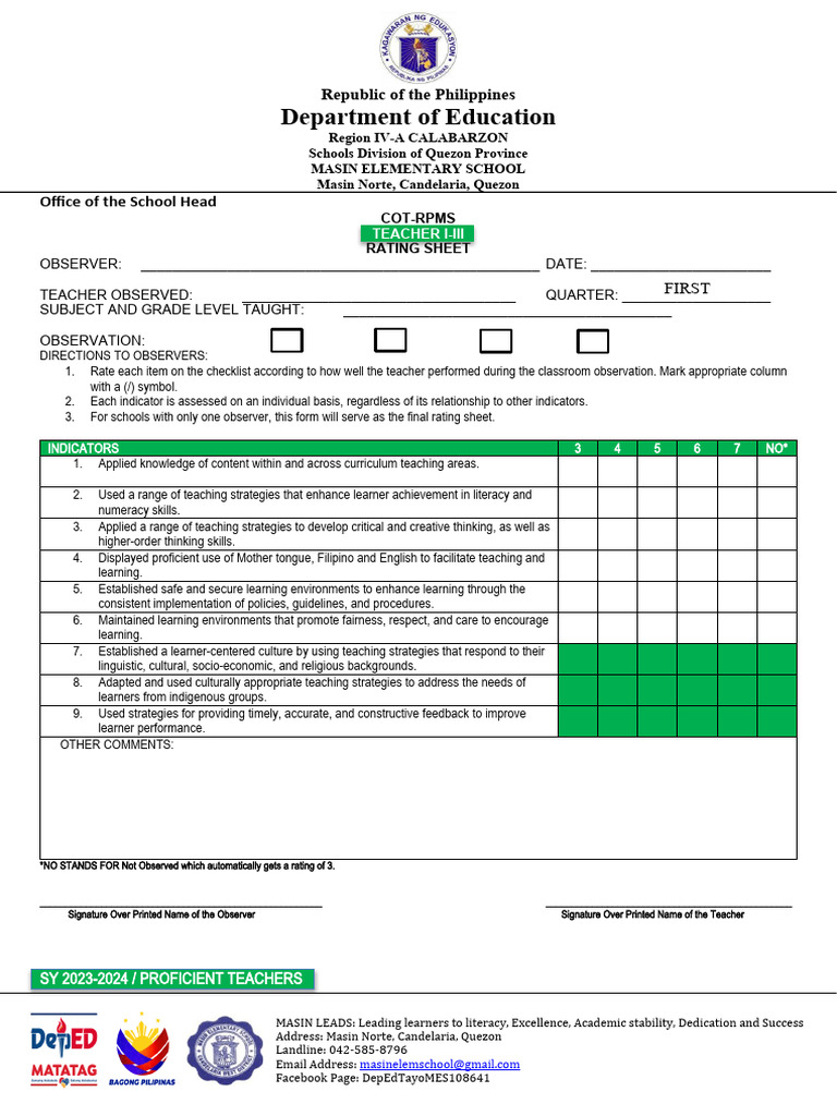 COT Observation Notes for Teachers 2023 | PDF | Teachers | Learning