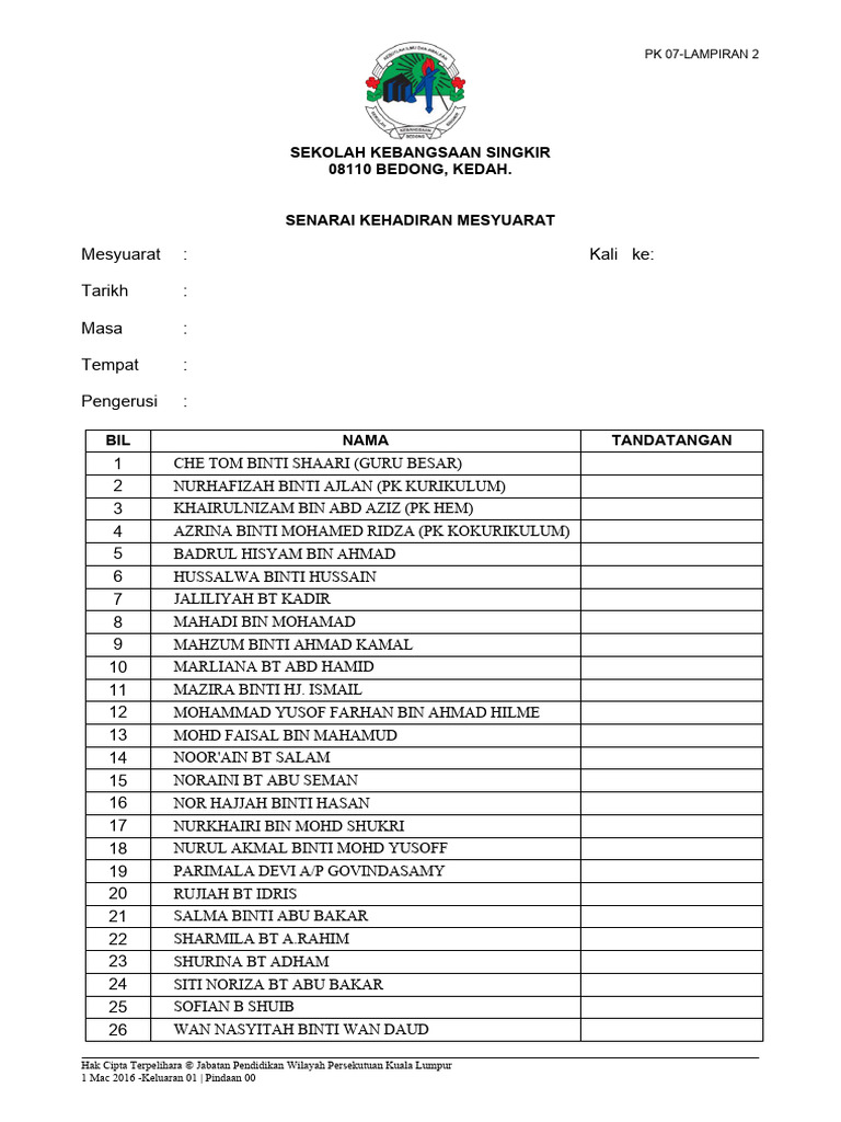 PK 07 Lampiran 2 Senarai Kehadiran Mesyuarat1 | PDF