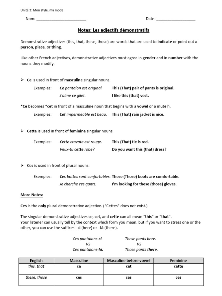 French Demonstrative Adjectives Guide | PDF | Grammatical Gender ...