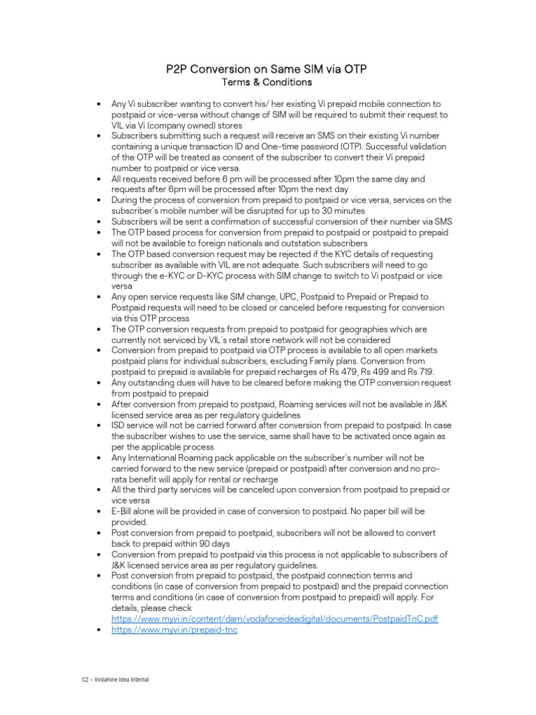 P2P Conversion On Same SIM Via OTP: Terms & Conditions | Download Free PDF | Roaming | Prepaid ...