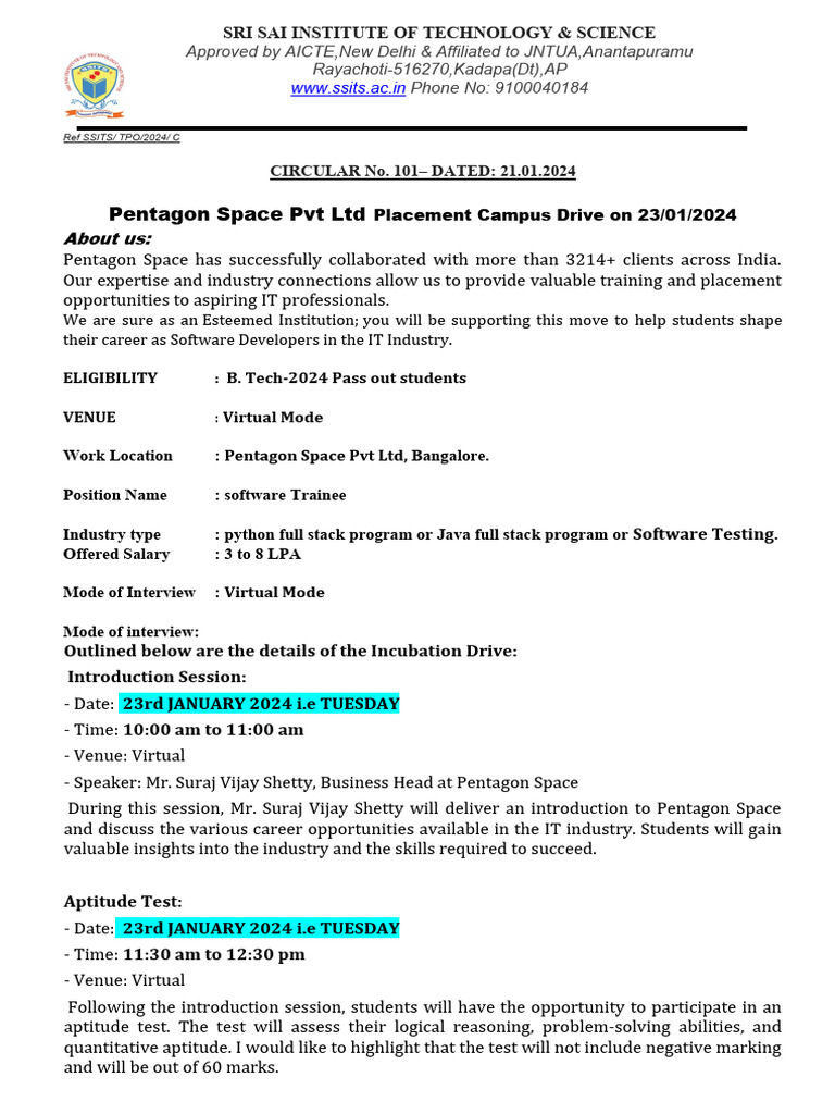 Pantagon Space PVT LTD Placements Circular On 23-01-2024 | PDF | Computing