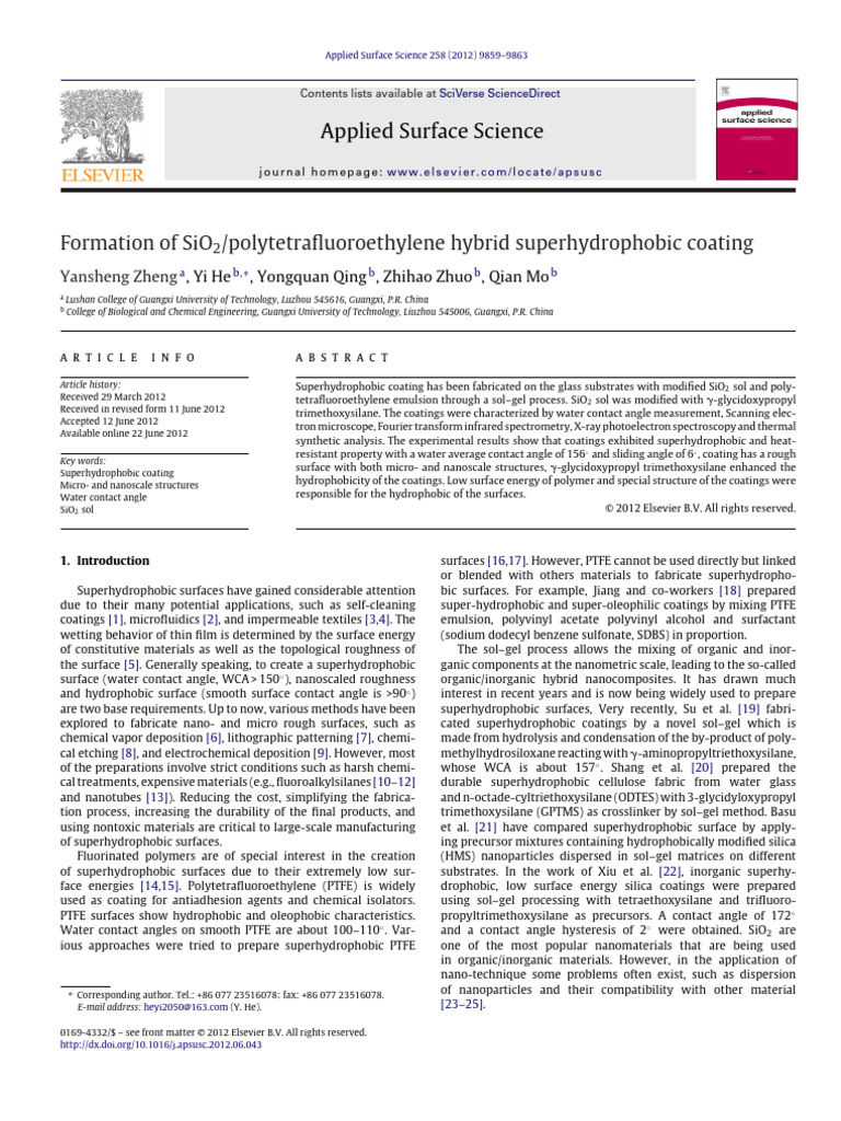 Formation of SiO2 Polytetrafluoroethylene Hybrid Superhydrophobic ...