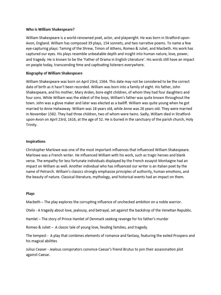 Life and Work of William Shakespeare | PDF | William Shakespeare
