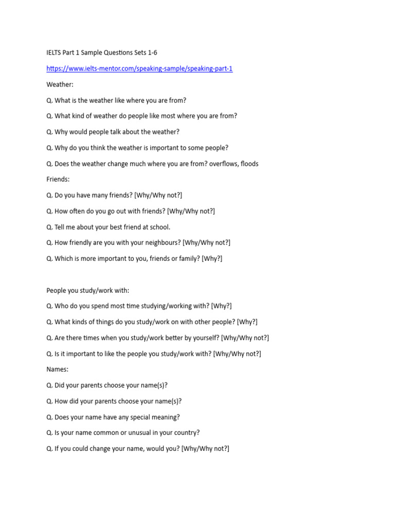 IELTS Part 1 Sample Questions | PDF | Fast Food | Tourism