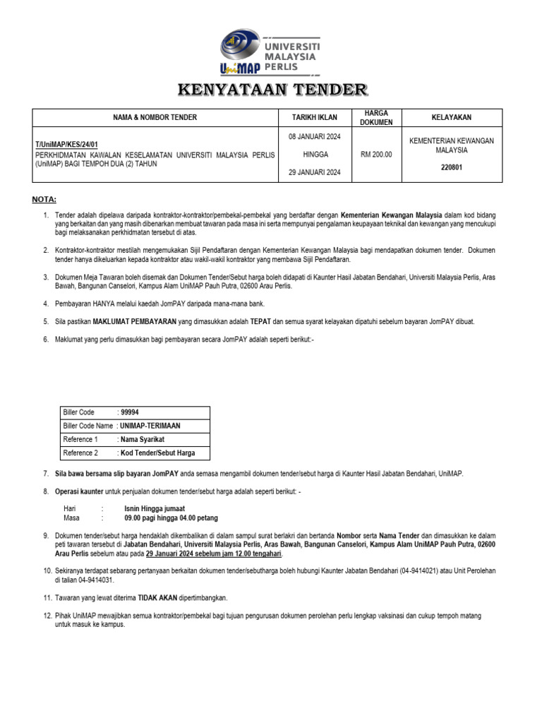 Nama & Nombor Tender Tarikh Iklan Harga Dokumen Kelayakan: Nota | PDF
