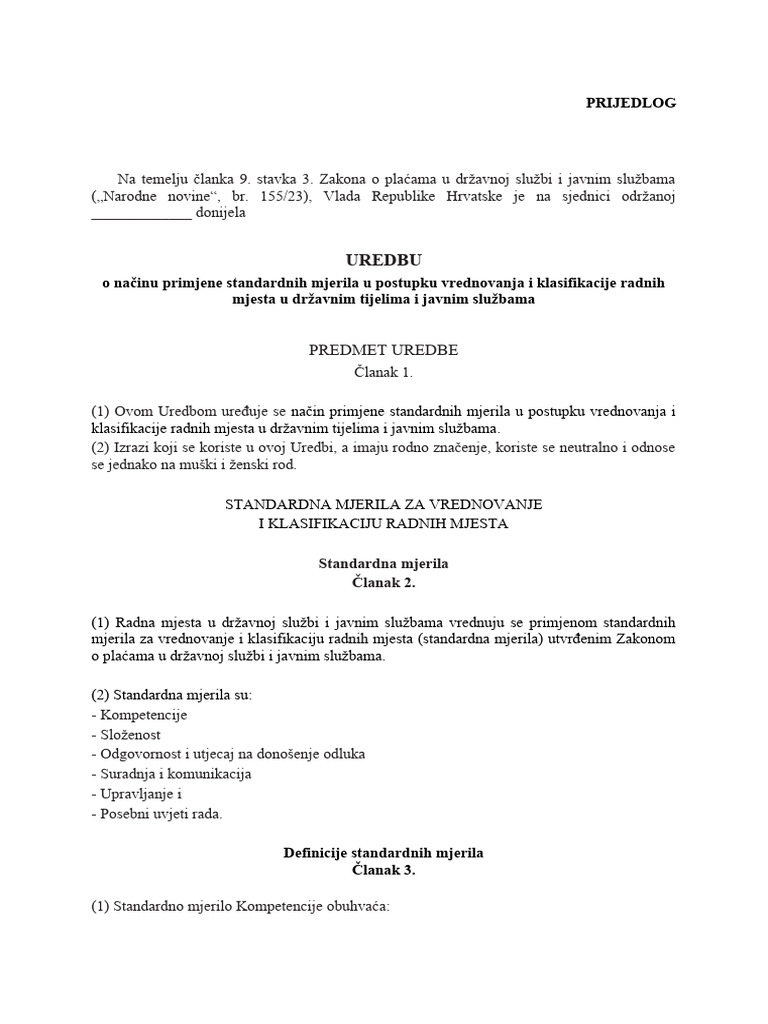 Prijedlog Uredbe o Načinu Primjene Standardnih Mjerila U Postupku Vrednovanja I Klasifikacije ...
