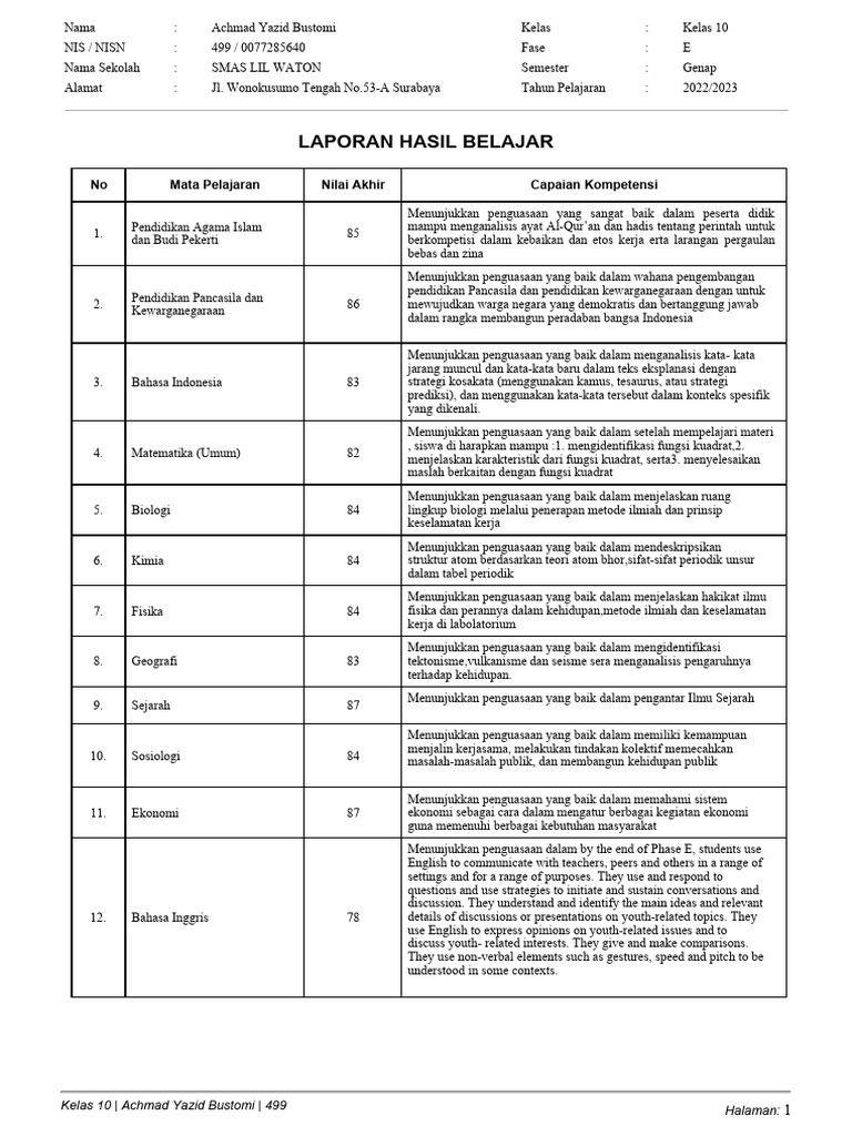 contoh rapor merdeka | PDF