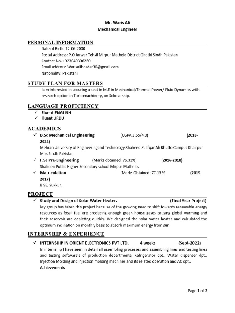 Mechanical CV For Freshers CV | PDF | Physical Sciences | Nature