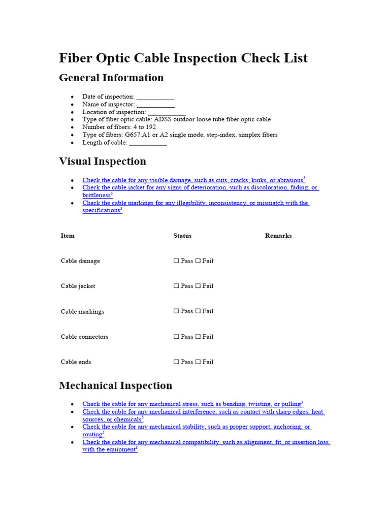 Fiber Optic Cable Inspection Check List | PDF | Optical Fiber | Applied ...
