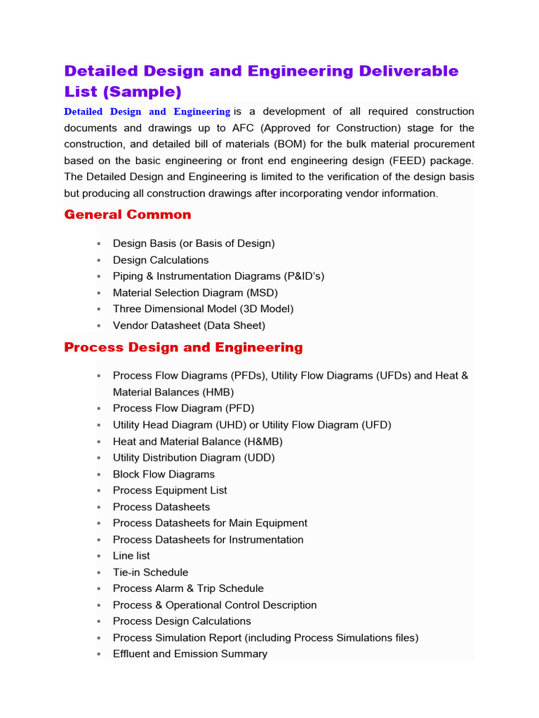 Detailed Design and Engineering Deliverable List | PDF ...