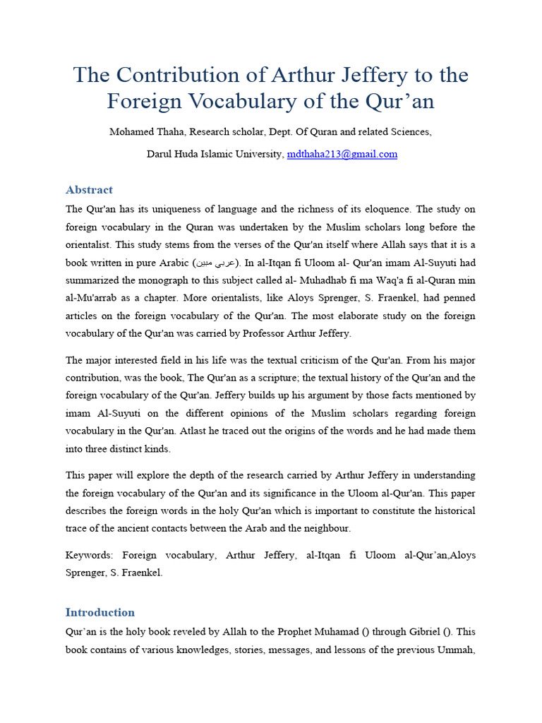 The Contribution of Arthur Jeffery to the Foreign Vocabulary of the Qur ...