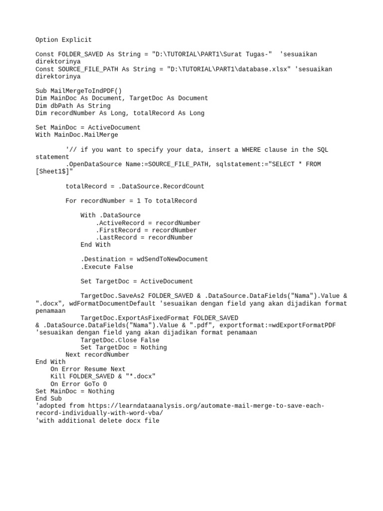 Script VBA Mail Marge To PDF | PDF