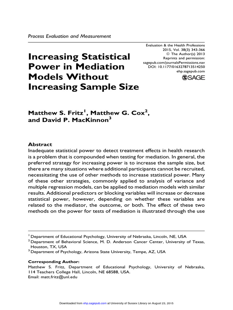 Increasing Statistical Power in Mediational Model Without Increasing Sample Size | PDF ...