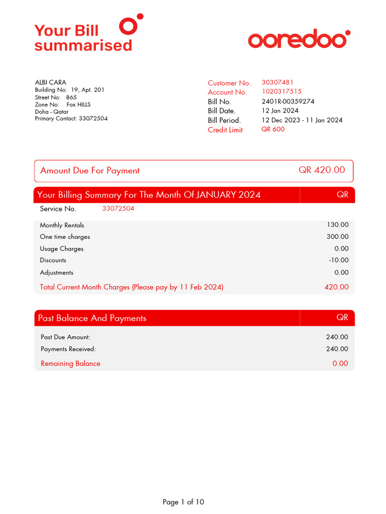 Albi Cara Ooreddoo Bill January-2024 | PDF | Roaming | Information Technology