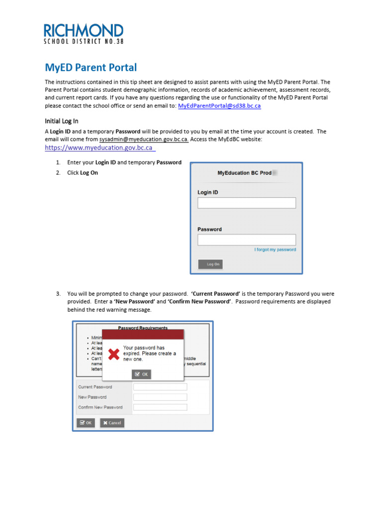 MyED Parent Portal User Guide | PDF | Login | Password