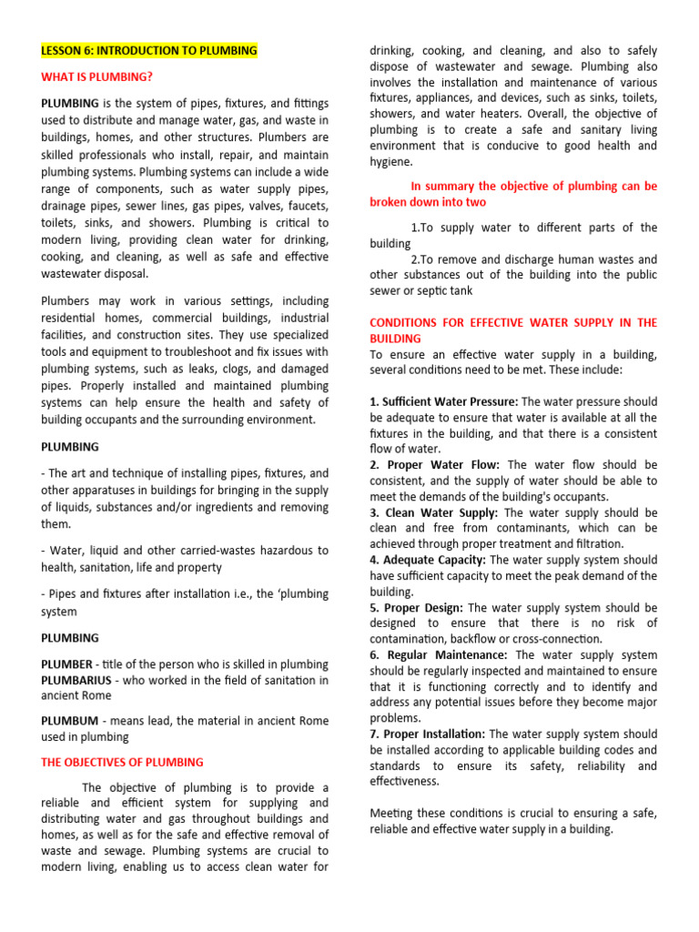 Lesson 6 And 7 Pdf Plumbing Water Supply