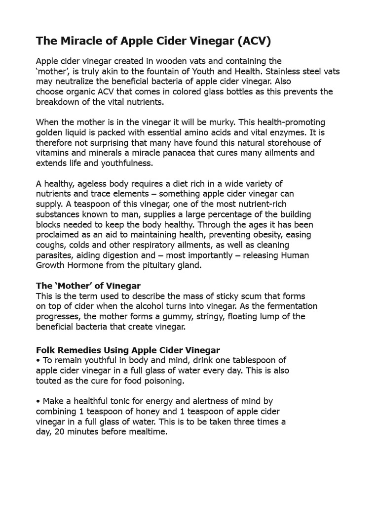 The Miracle of Apple Cider Vinegar (ACV) | PDF | Dietary Fiber | Diet & Nutrition
