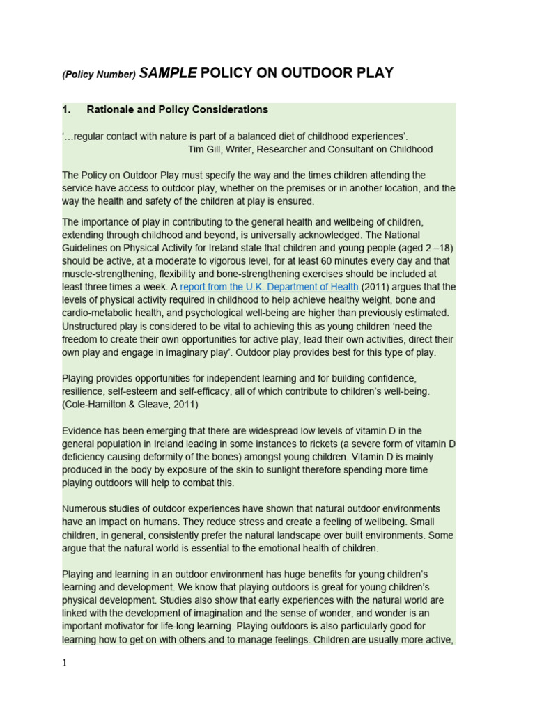 Sample Policy On Outdoor Play | PDF | Playground | Learning