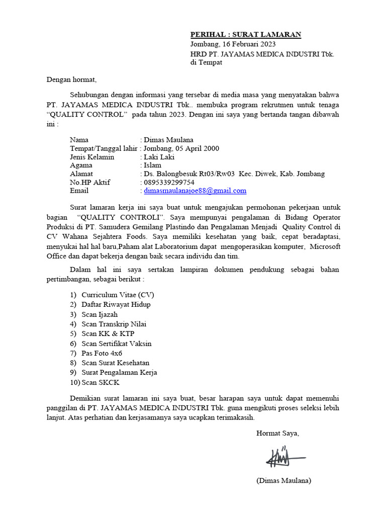 Surat Lamaran untuk Quality Control | PDF