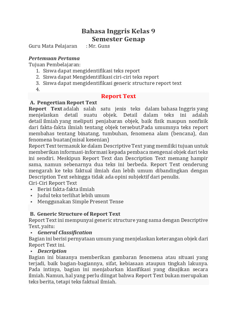 Panduan Report Text Kelas 9 | PDF | Seni & Disiplin Bahasa