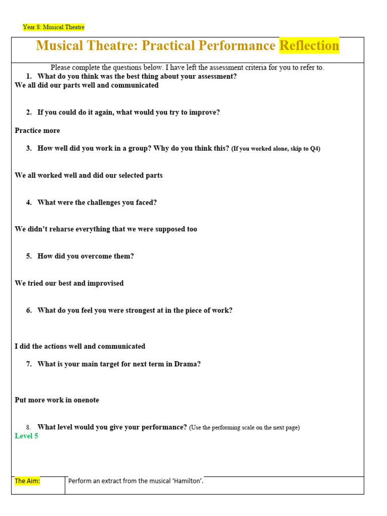 Musical Theatre Reflection - Practical Perfor | PDF | Communication ...