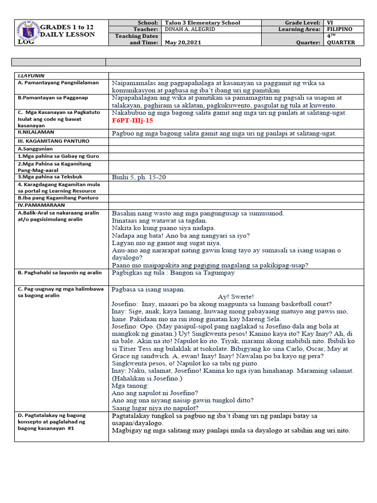 COT in FILIPINO 6 3rd Grading 2021 | PDF