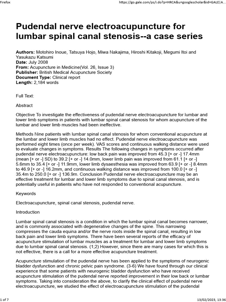 Pudendal Nerve Electroacupuncture For Lumbar Spinal Canal Stenosis ...