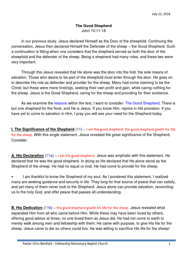 The Good Shepherd - John 10 11-18 | PDF | Assurance (Theology) | Jesus