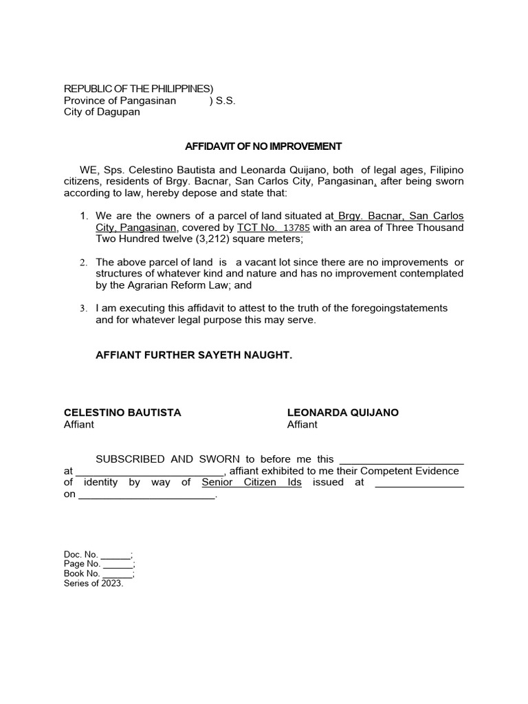 AFFIDAVIT OF NO IMPROVEMENT Charm | PDF | Affidavit | Legal Procedure