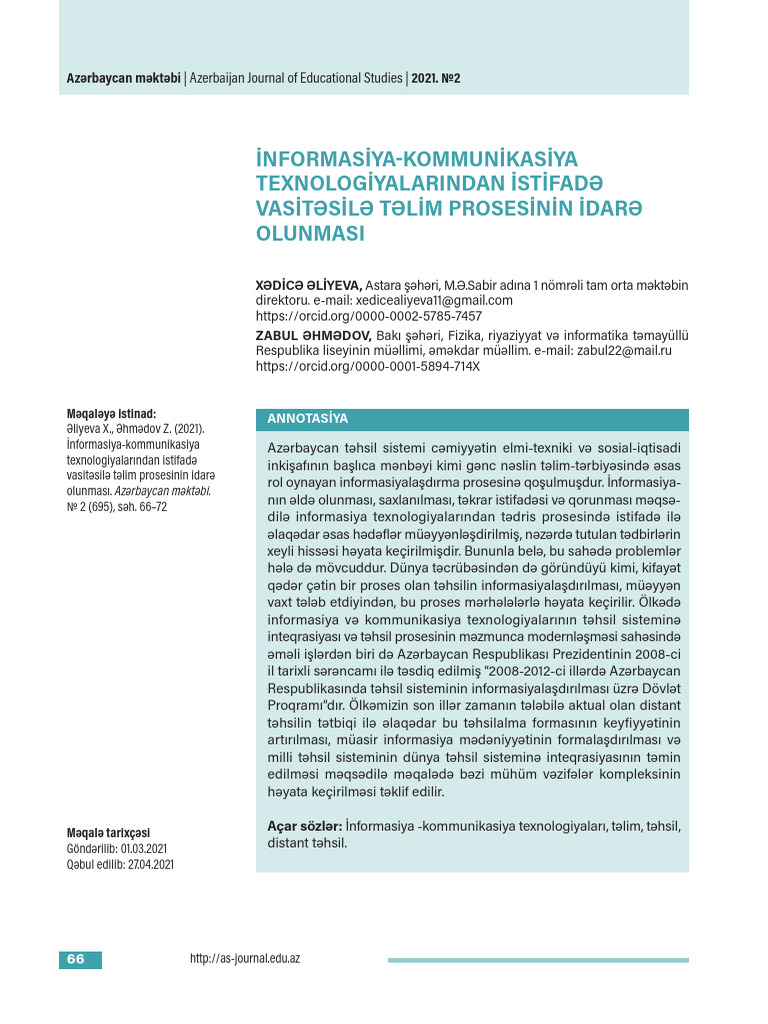 İnformasiya-Kommunikasiya Texnologiyalarindan İstifadə Vasitəsilə Təlim ...