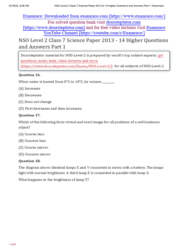 NSO Level 2 Class 7 Science Paper 2013 14 Part 1 | PDF | Optics | Equipment