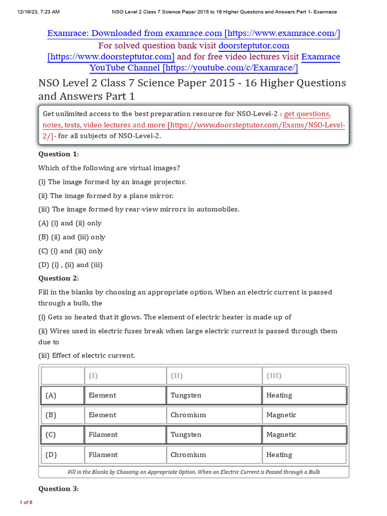 NSO Level 2 Class 7 Science Paper 2015 16 Part 1 | PDF