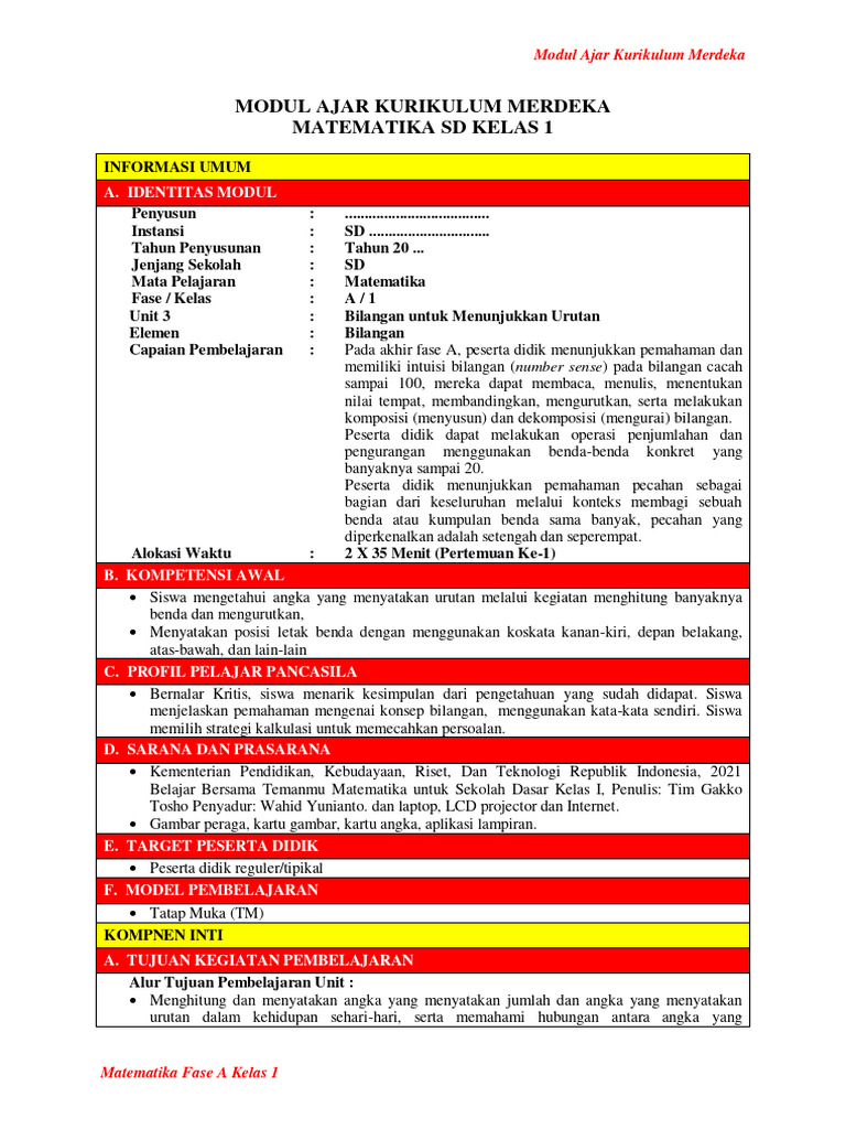 Modul Ajar Unit 3 Bilangan Untuk Menunjukkan Urutan | PDF