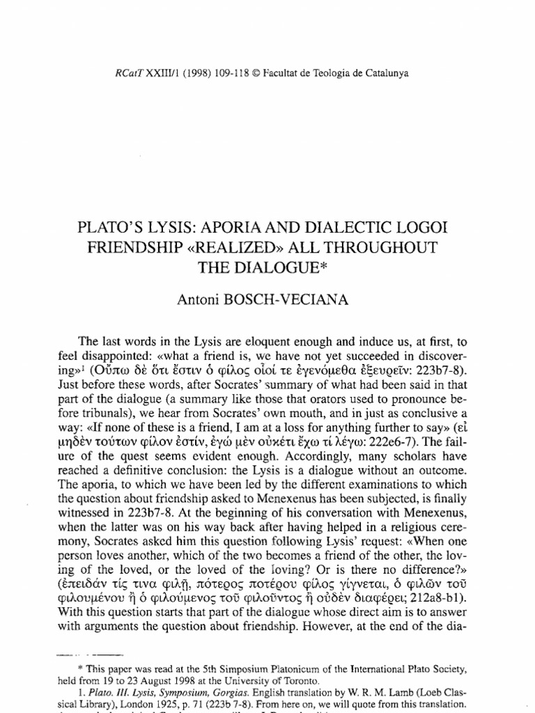 Plato'S Lysis: Aporia and Dialectic Logoi Friendship Realized All ...