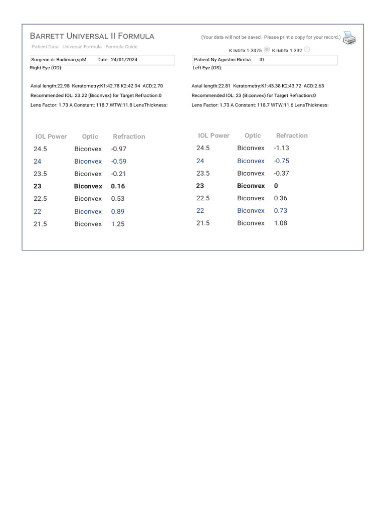 Barrett Universal II IOL Calculation | PDF