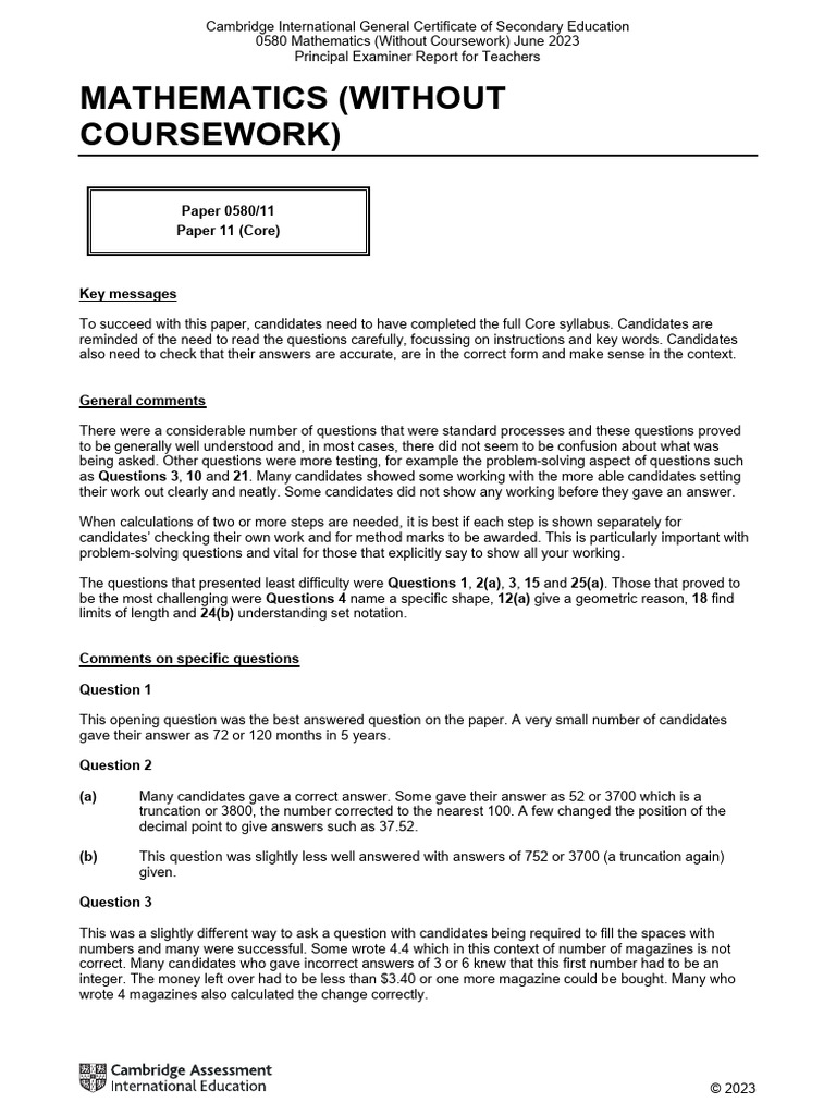Mathematics (Without Coursework) : Paper 0580/11 Paper 11 (Core) | PDF | Circle | Angle