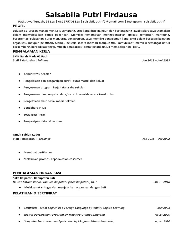 CV Salsabila Putri Firdausa | PDF