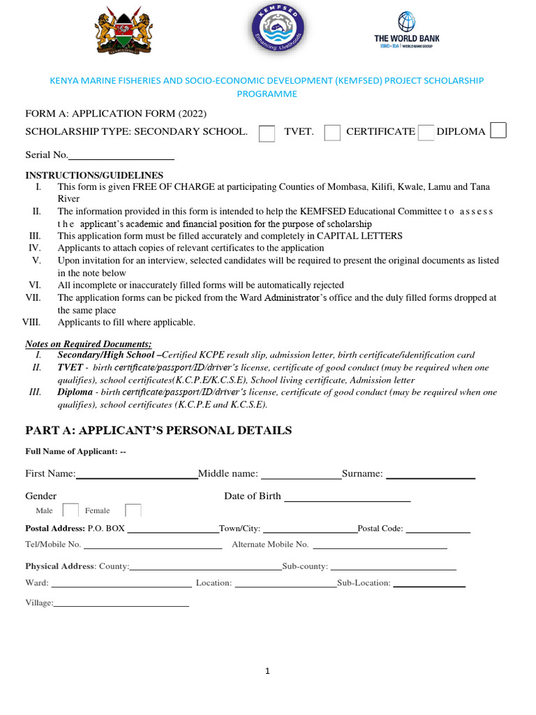 KEMFSED Scholarship Application Forms | PDF | Birth Certificate