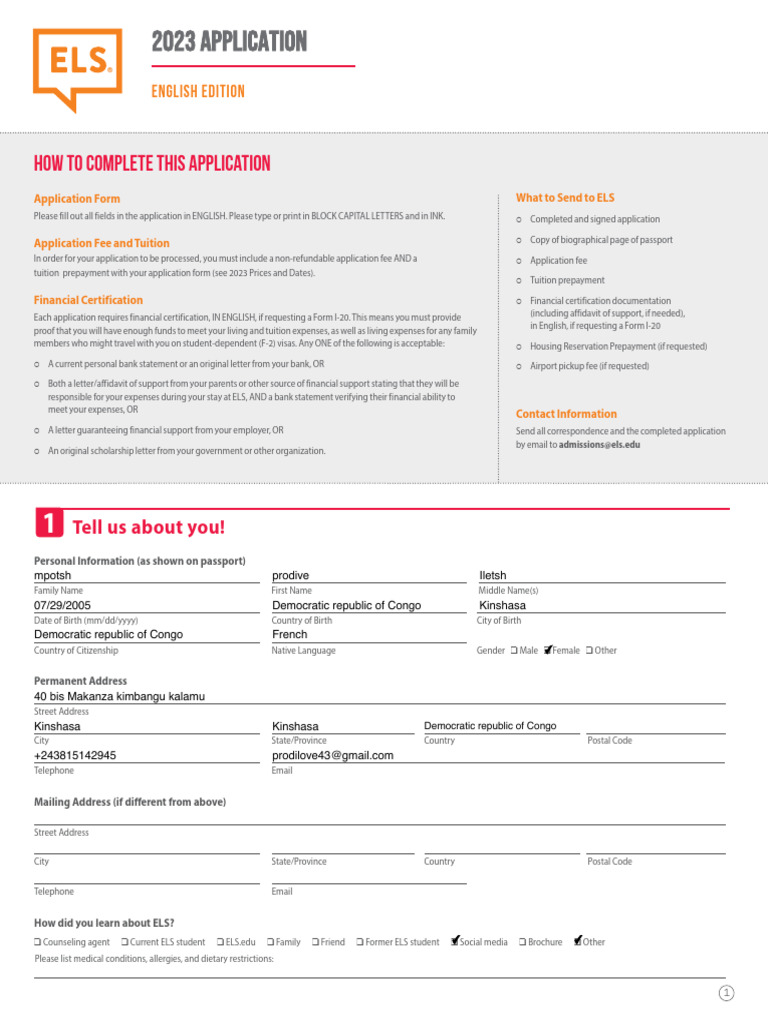 ELS USA Application Form 2023 - Final | PDF | Fee | Tuition Payments