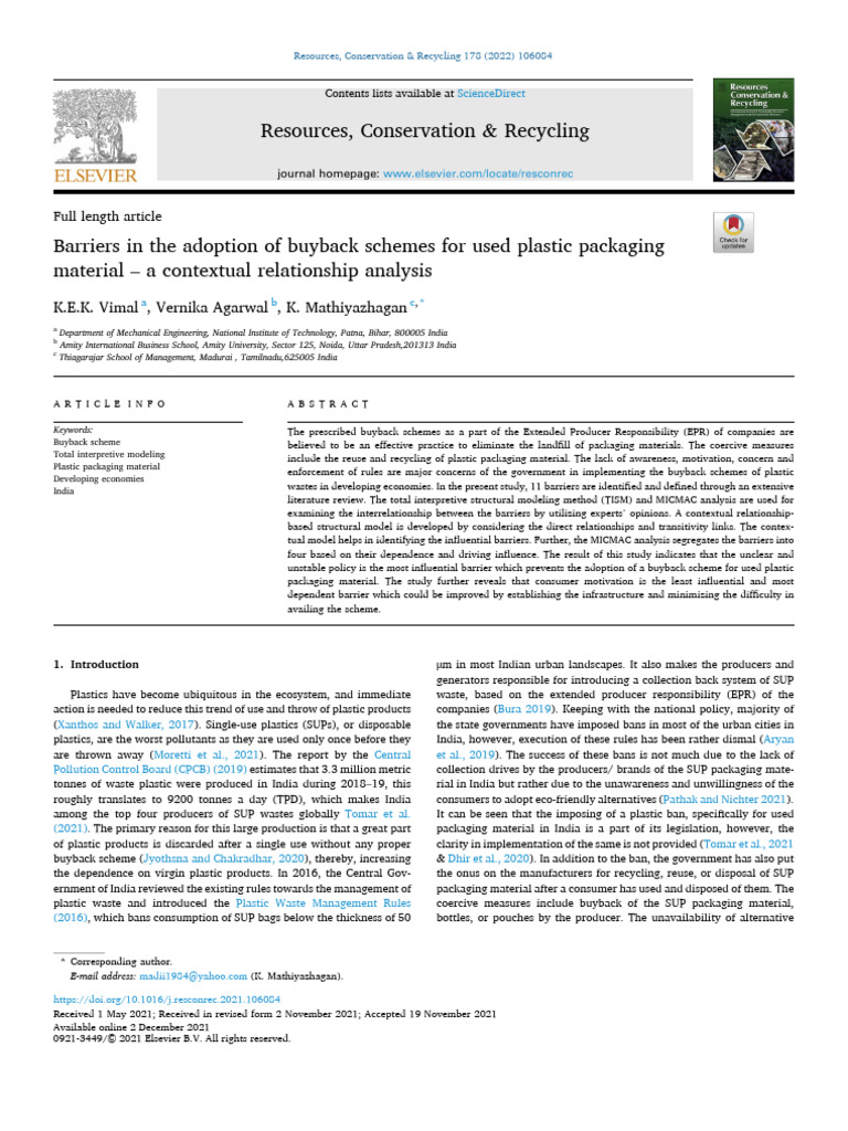 Barriers in The Adoption of Buyback Schemes For Used Plastic Packaging ...