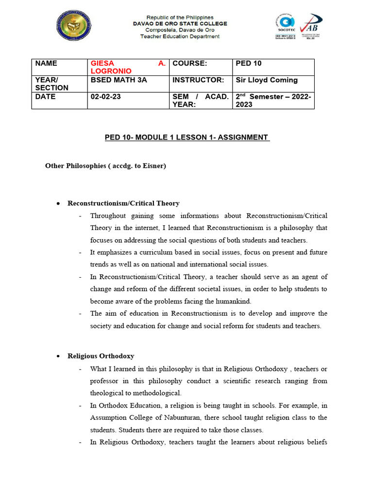 Logronio- PED 10- M1L1(Assignment) | PDF