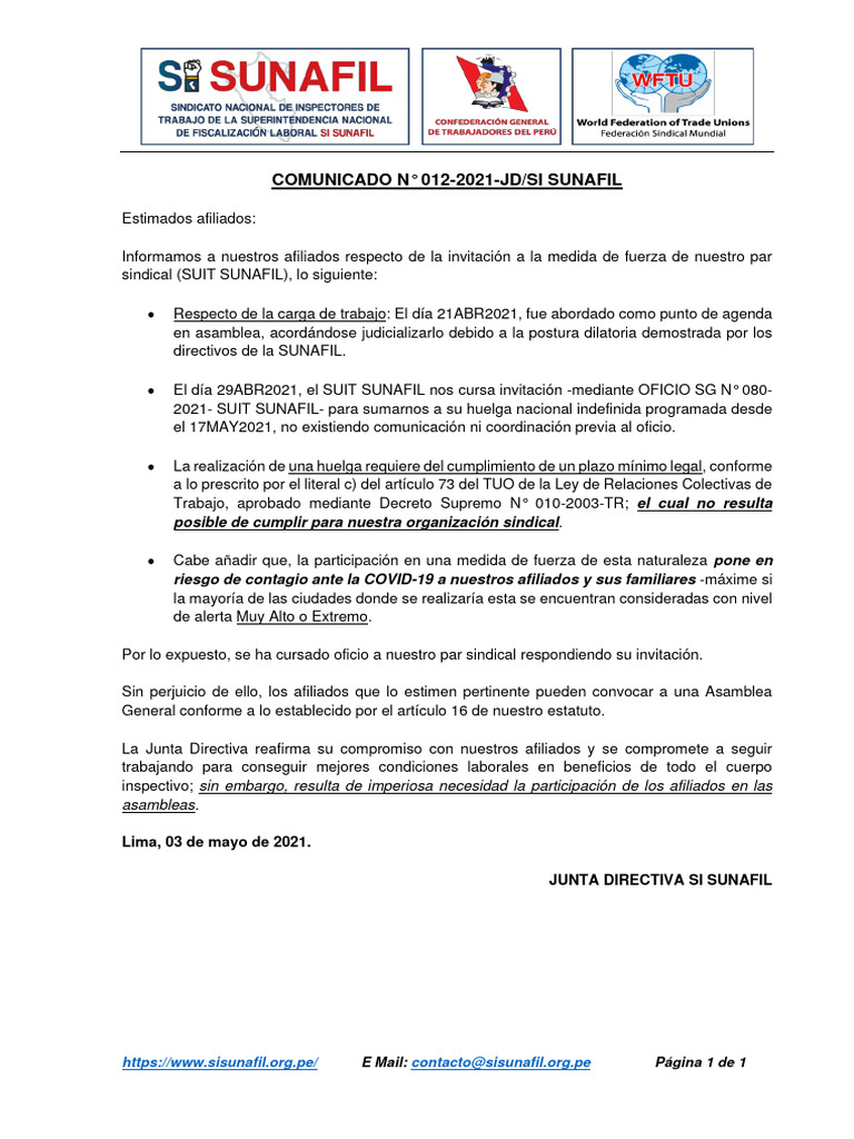 Comunicado #012-2021-Jd/Si Sunafil: Posible de Cumplir para Nuestra Organización Sindical | PDF