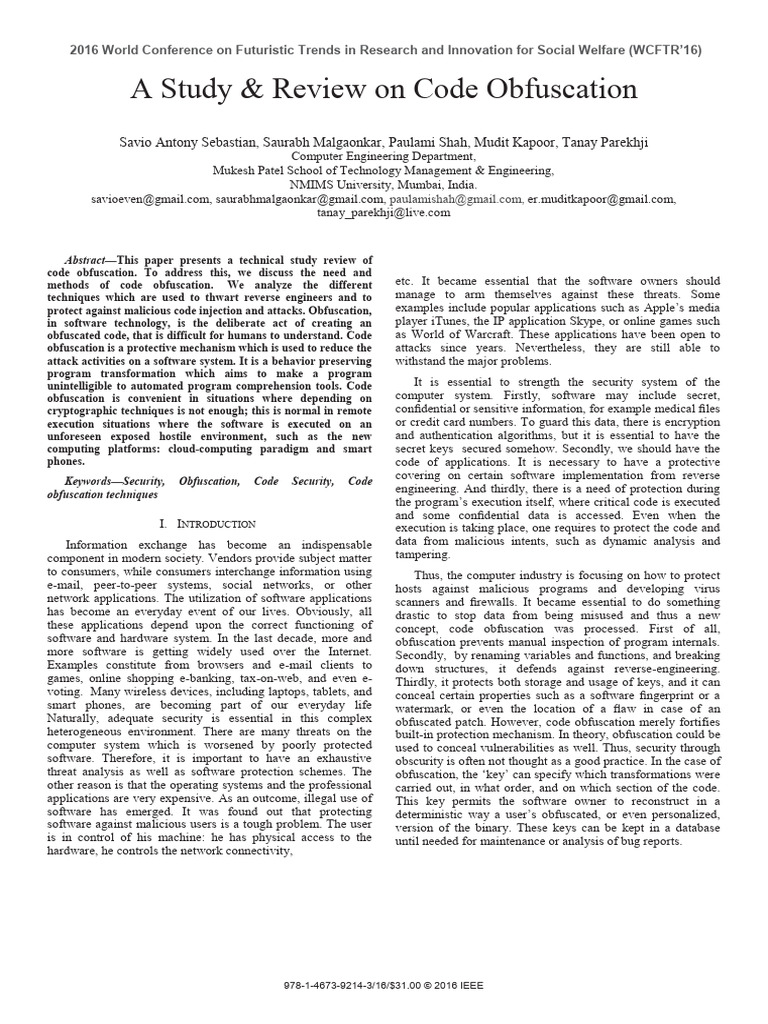 A Study & Review On Code Obfuscation | PDF | Security | Computer Security