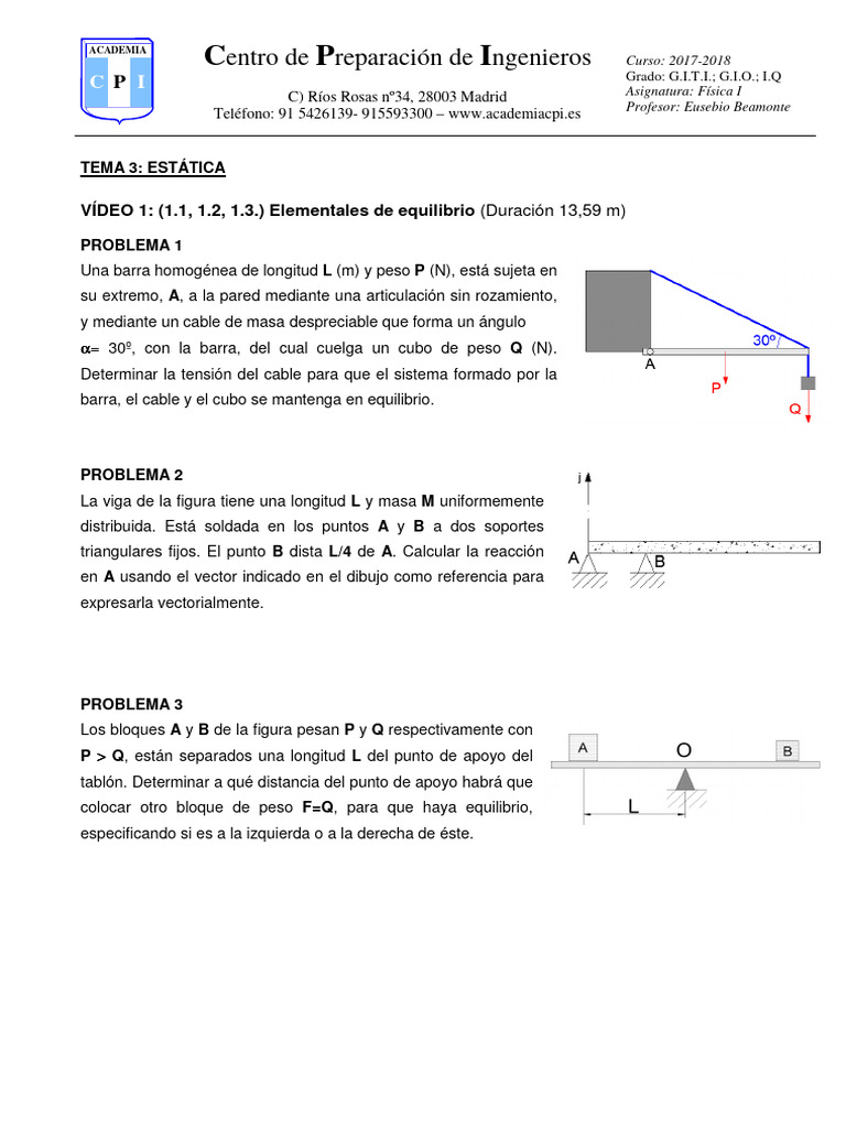 Enunciados Tema 3 Estática de Sistemas y Centros de Masa | PDF | Fricción | Sistema de ...