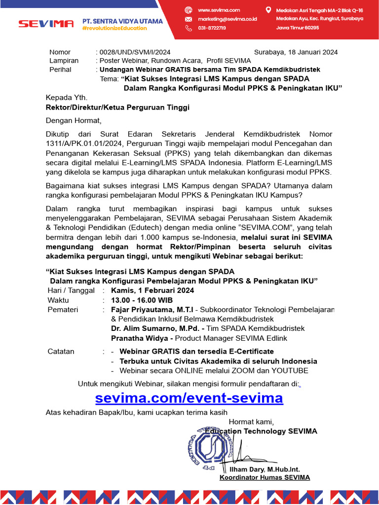 Undangan Webinar SEVIMA - Integrasi LMS Dengan SPADA | PDF | Karier & Perkembangan
