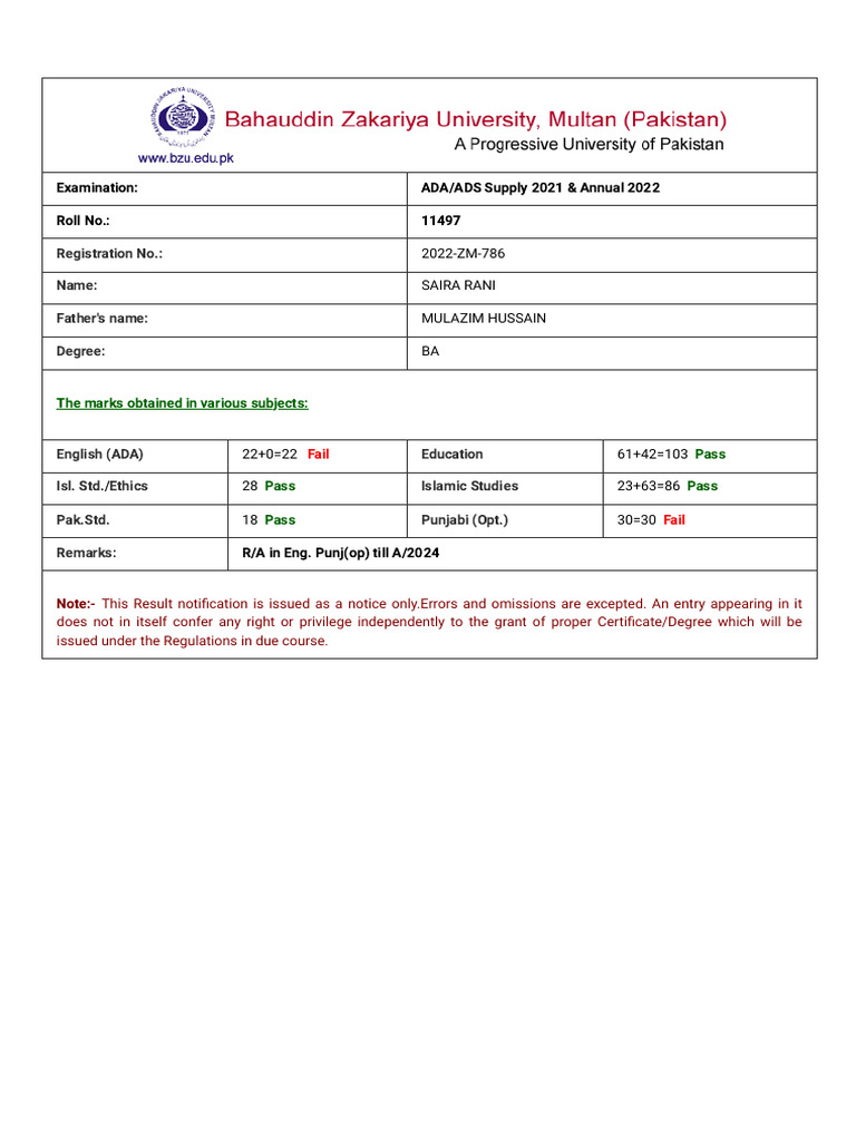 B.A. - B.sc. Results - BZU Multan | PDF
